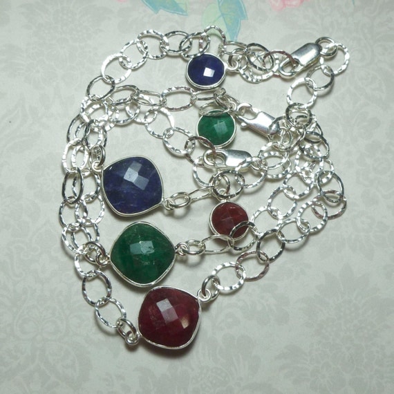 Emerald Ruby or Sapphire Gemstone Sterling Silver Hammered