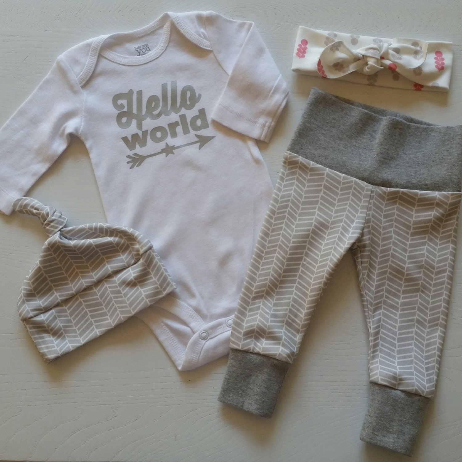 Neutral Bring Home Outfit. Hello World. Leggings. Top Knot Hat