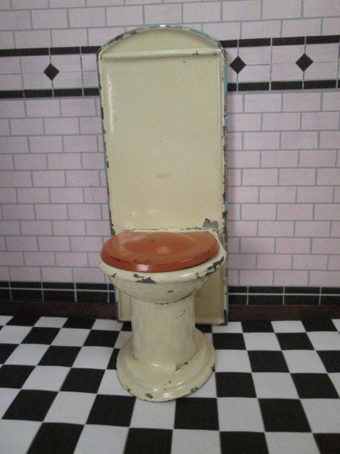 Antique German Dollhouse Bathroom Furniture – Tin Toilet – Ivory Enamel ...