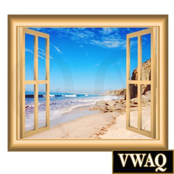 Sandy Beach Scene Wall Decal Nature Window Frame Peel and