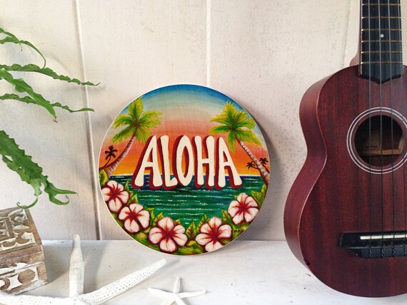 Aloha Circle vintage style tropical Hawaiian wood sign wall