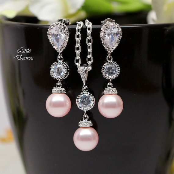 Pearl Jewelry Set Pink Earrings and Necklace Set Bridesmaid
