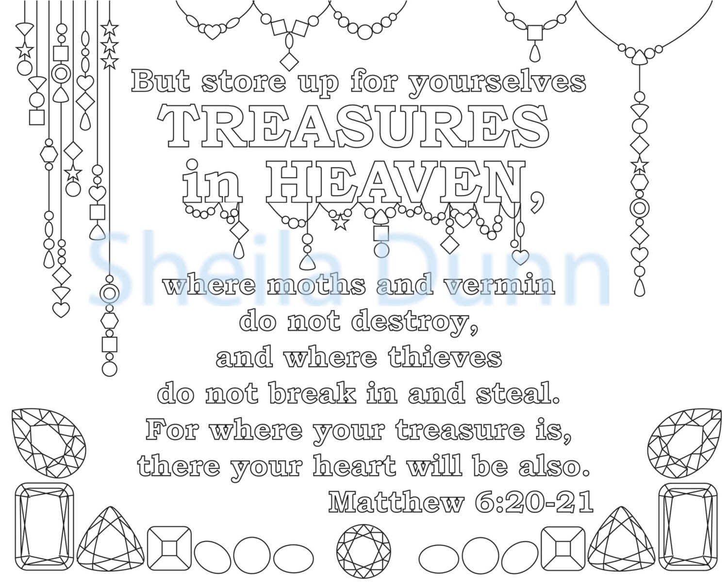 Christian Coloring Page: Treasures in Heaven Featuring Bible
