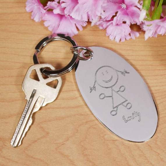 Items similar to Personalized Engraved Stick Figure Silver Key Chain on ...