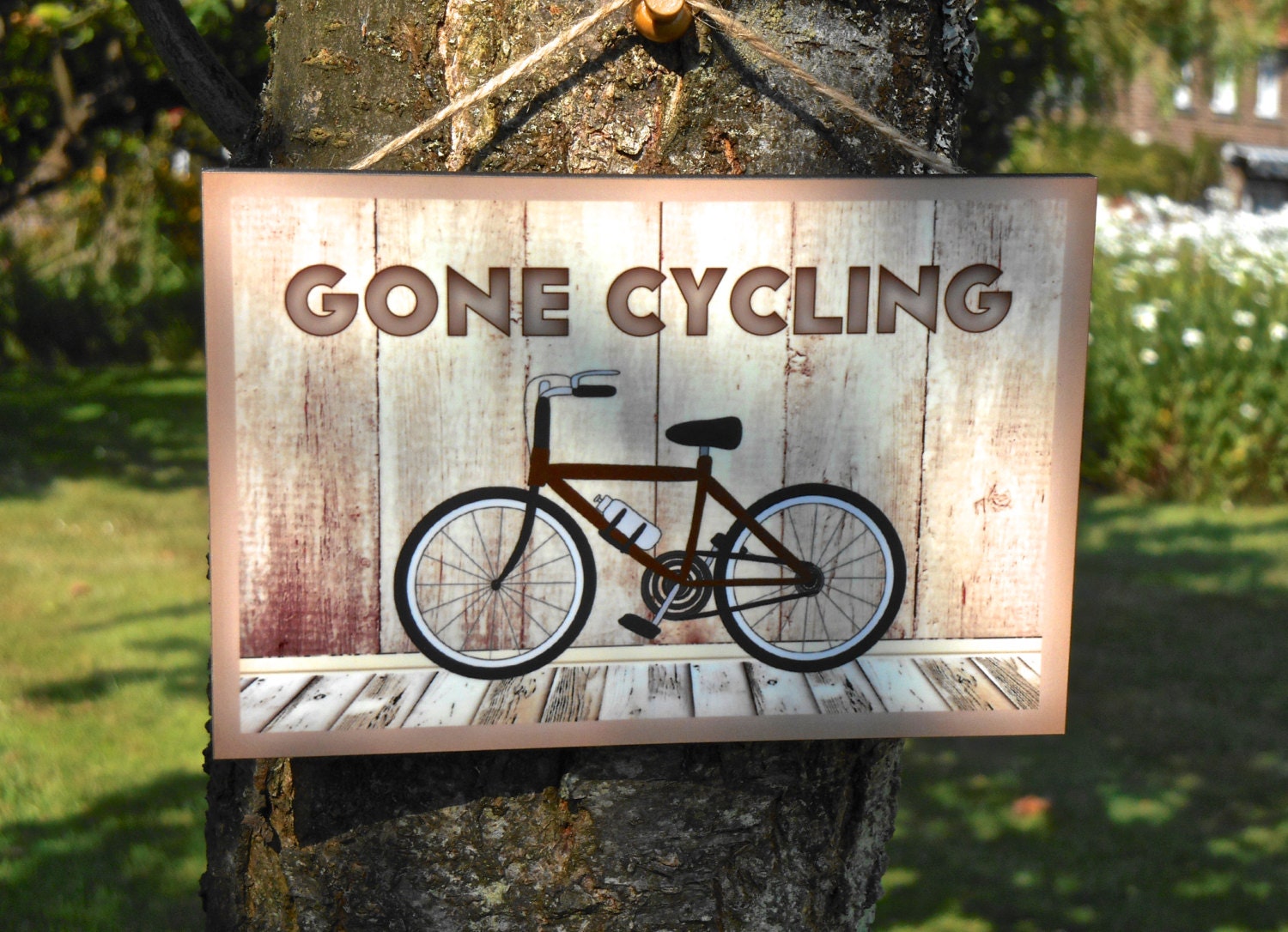 GONE CYCLING Rustic Sign: Custom-Made Personalised by Honeymellows