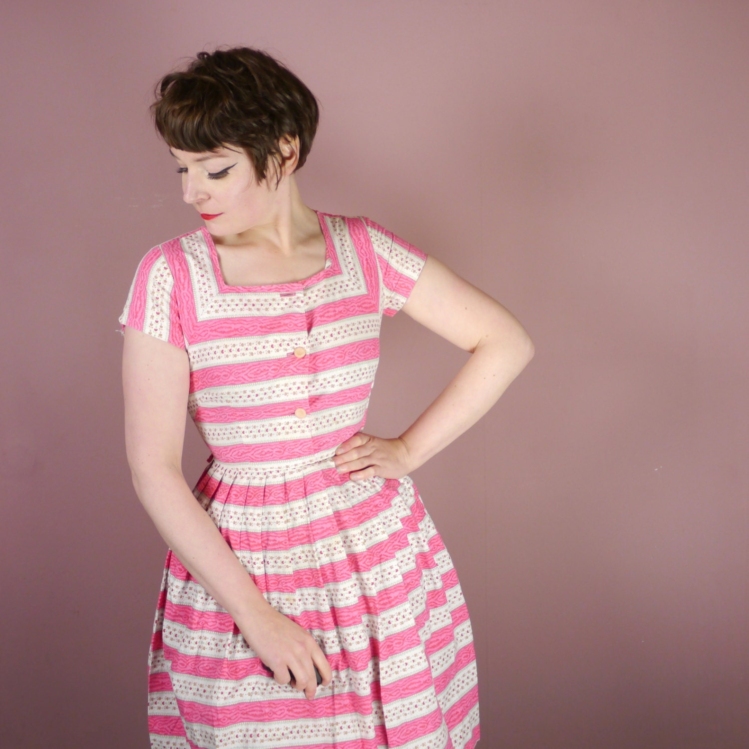 Bright PINK 50s dress with floral stripes – girly AMDETTE cotton shirt ...