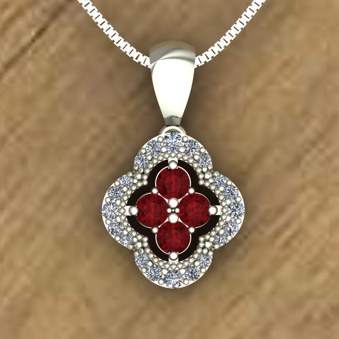 Ruby Pendant Four Stone Cluster Diamond Clover 14k White
