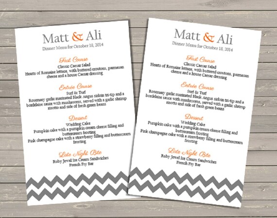 Chevron Wedding Reception Dinner Menu Printable File