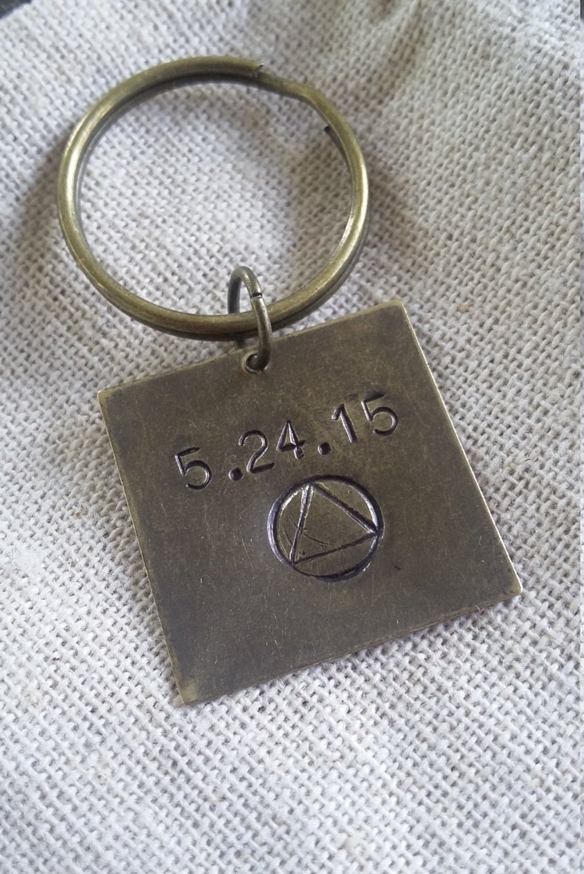 Sobriety Keychain Hand Stamped AA Symbol Sobriety