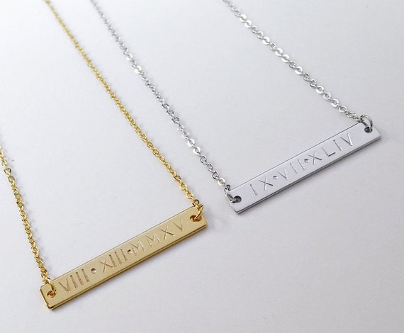 Custom Hand Stamped Gold Silver Roman Numeral Necklace