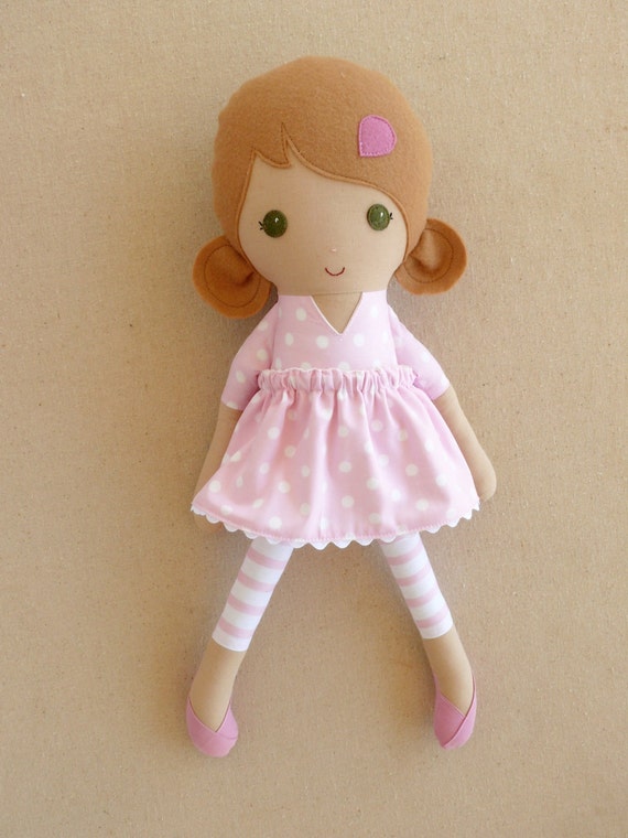 Fabric Doll Rag Doll Light Brown Haired Girl In Pink Polka