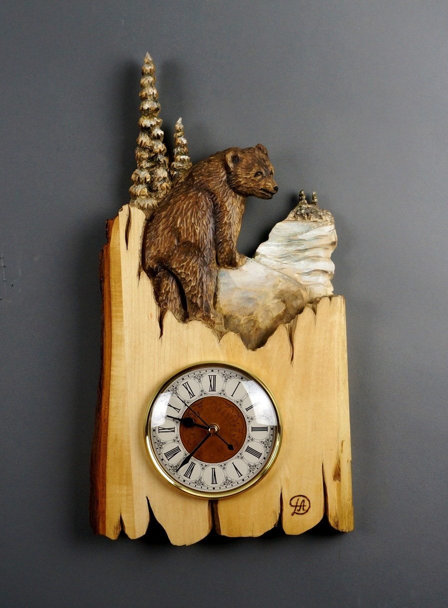 Wall clock Carved on Wood Wood Carving with Bark Hand Made