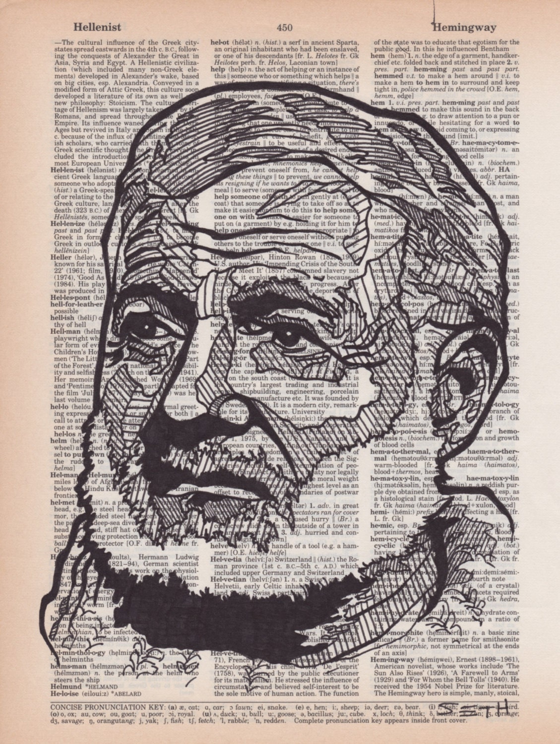 Ernest Hemingway portrait drawn on an aged dictionary page