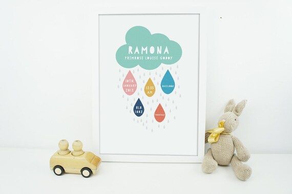 Birth Announcement Rain Cloud Print A4 A3 A2 by ConnieClementine
