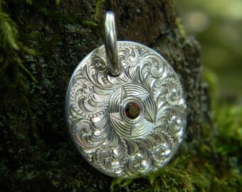 Hand Engraved Swirling Scroll Design Nickel Silver Pendant