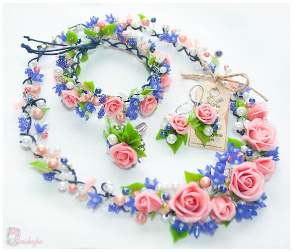 rose jewelry set pink blue rose necklace rose earrings