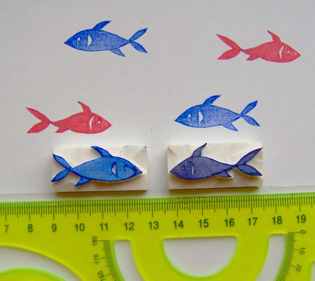 Cute fish stamps set of 2 hand carved rubber stamps marine