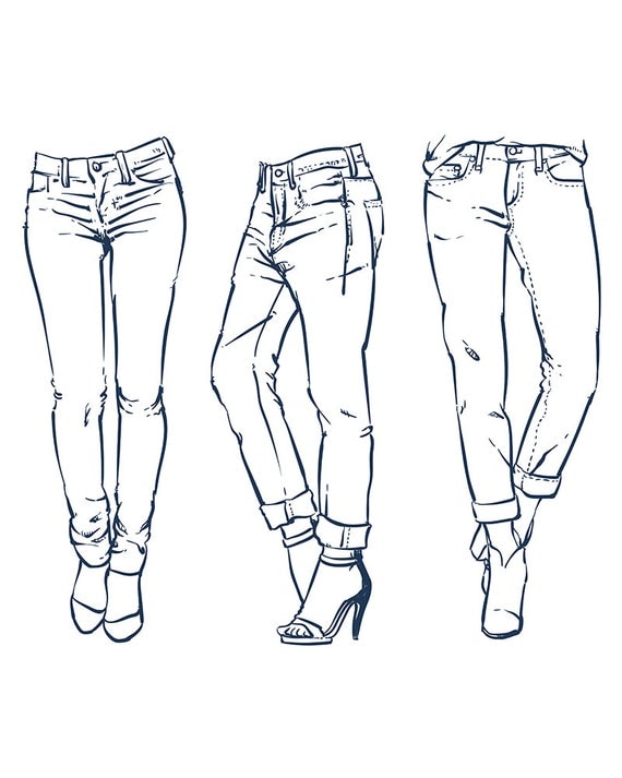Hand drawn fashion design women's jeans outline . clipart