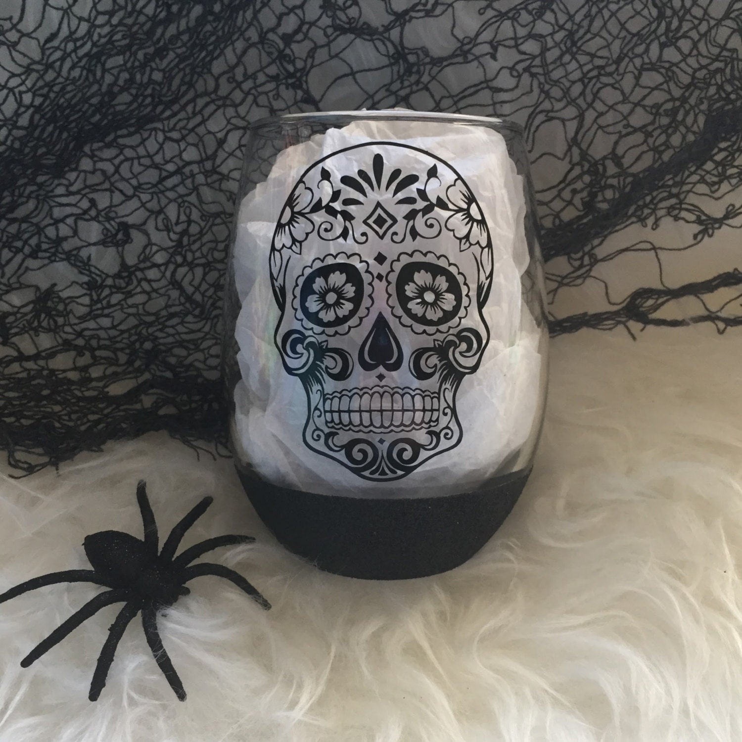 Sugar Skull Wine Glass Black Glitter Dipped Stemless