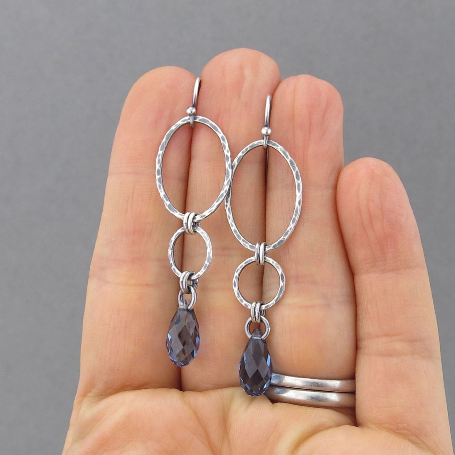 Long Dangle Earrings Silver Drop Earrings Blue Crystal