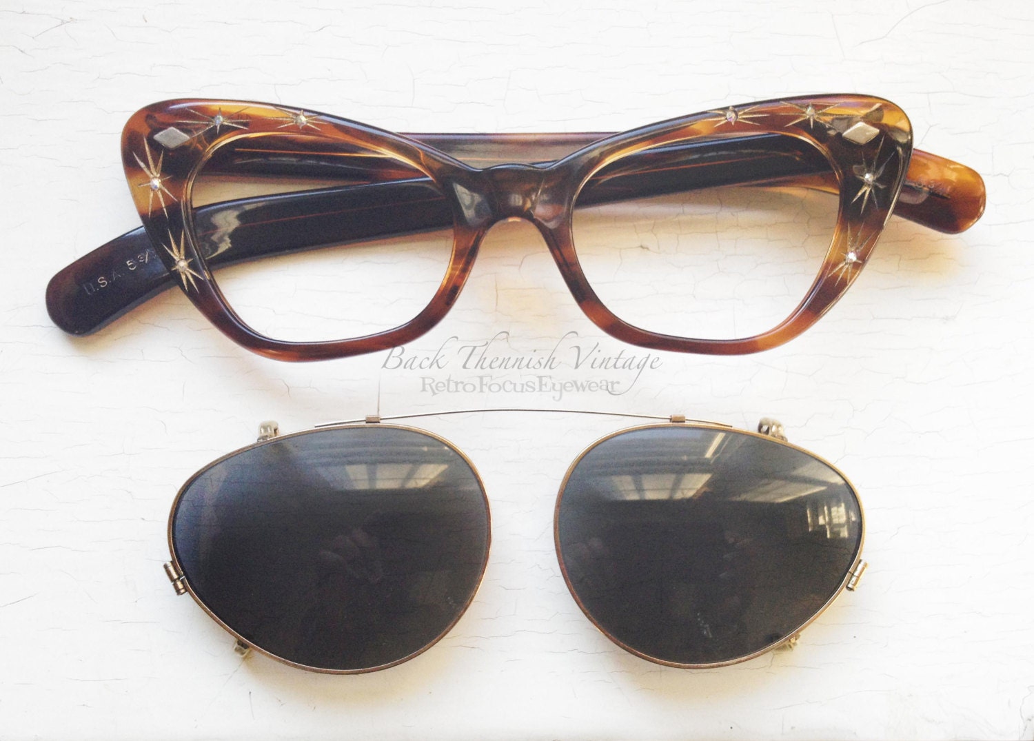 50s Duo Starburst Atomic Pin Up Cat Eye Eyeglass Frames Tortoise W Grey Clip On Sunglasses Back