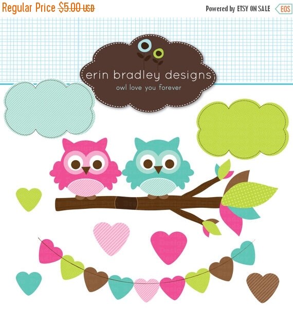 60% OFF SALE Pink and Blue Owls in a Branch by ErinBradleyDesigns