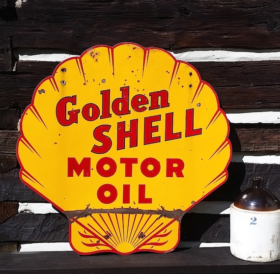 Vintage Shell Gas Station Sign Golden Shell Motor Oil by harbor17