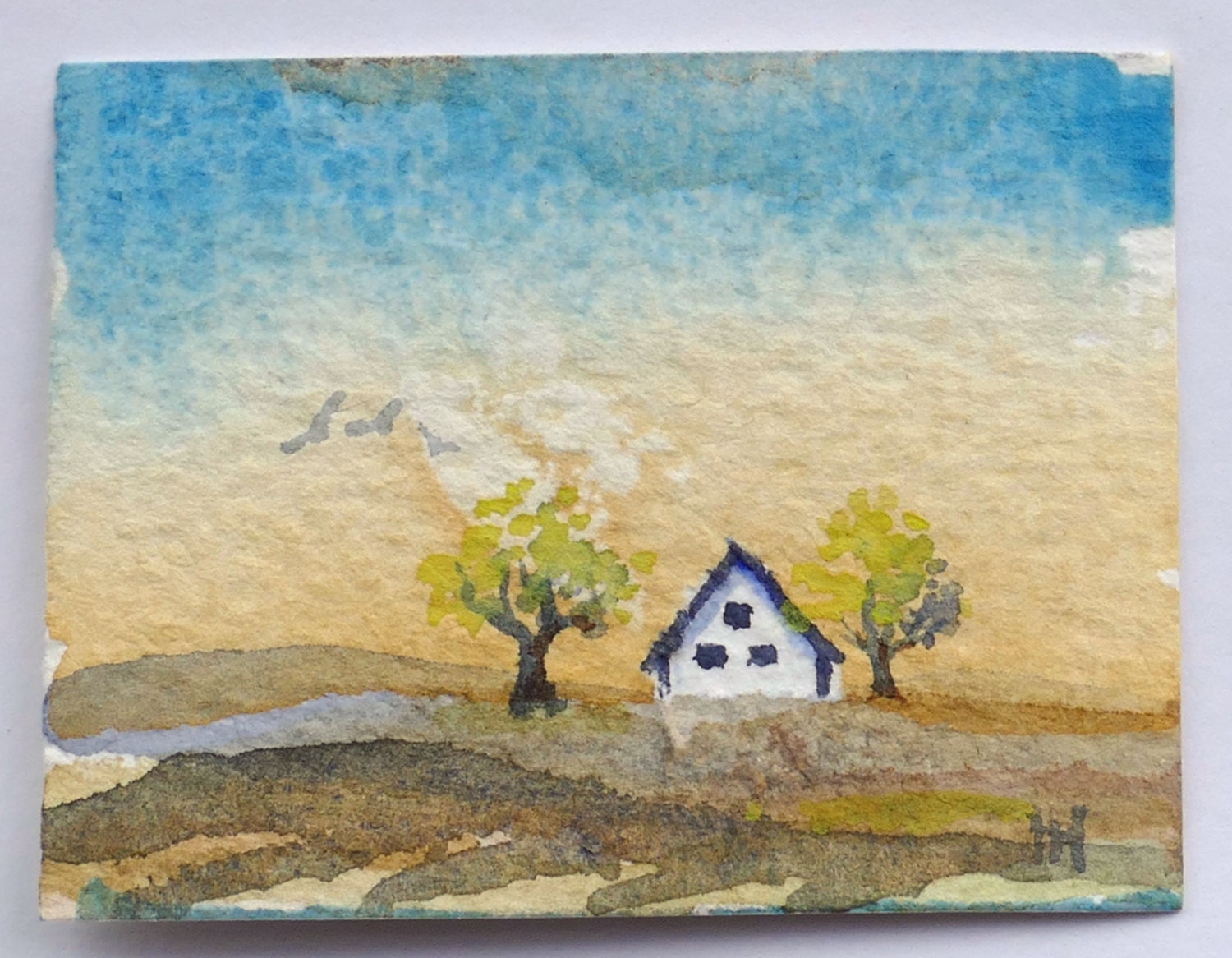 Original miniature watercolor landscape painting landscape