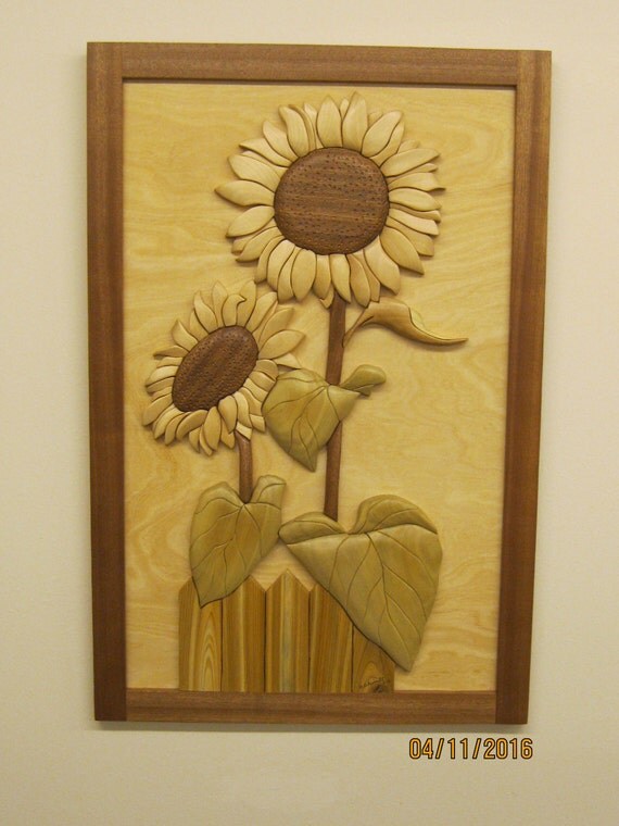 SUNFLOWERS TWO 16 realistic Intarsia carved flowers by