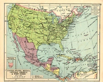 NORTH AMERICA Map 1950s countries nations atlas by AntiqueMapStore