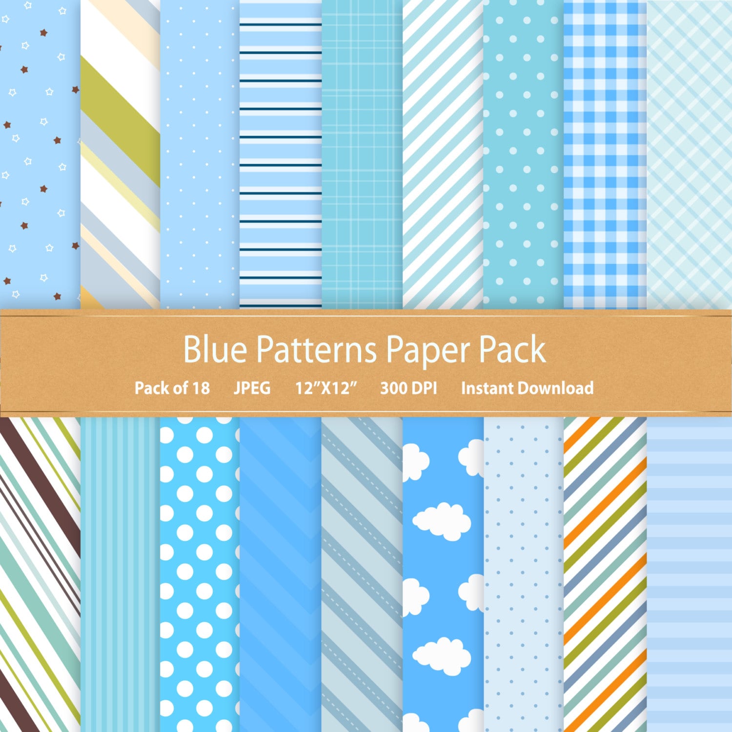 Blue Patterns Digital Paper Pack Digital Scrapbooking Paper