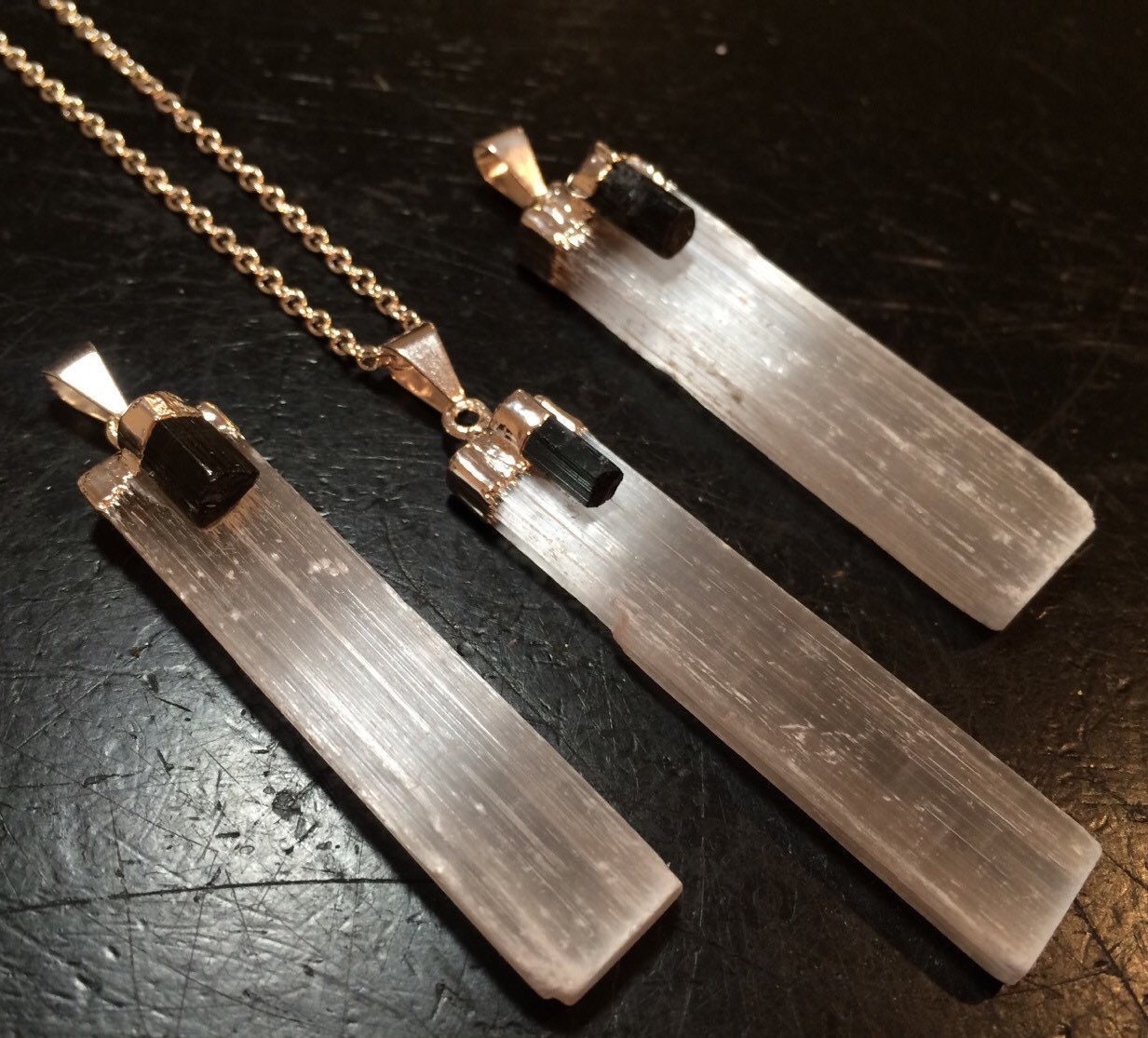 Raw Selenite Pendant with Black Tourmaline Selenite necklace