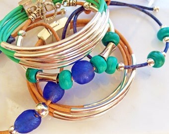 Beaded Leather Stack Bracelet With Silver Beads by SeaRanchJewelry