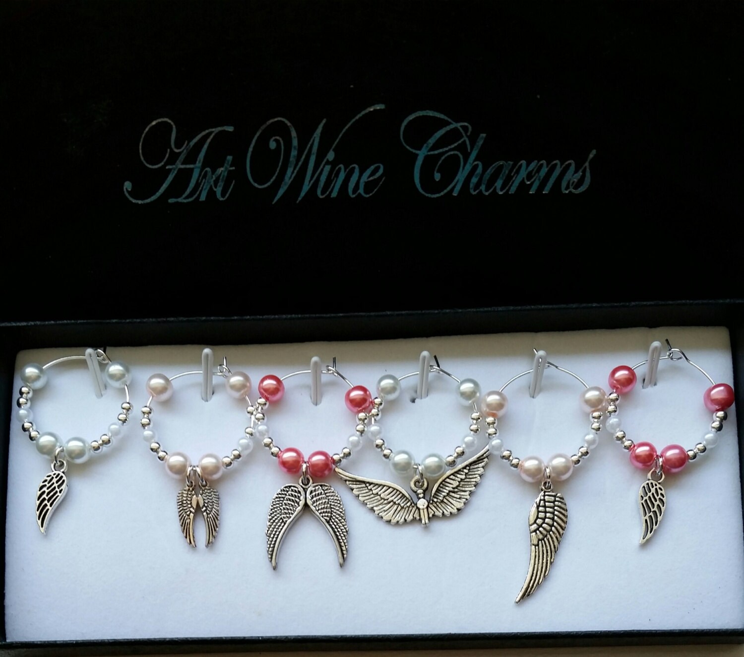 6 Angel Wings themed Wine Charms Pink Angel Wings by PickinsGalore