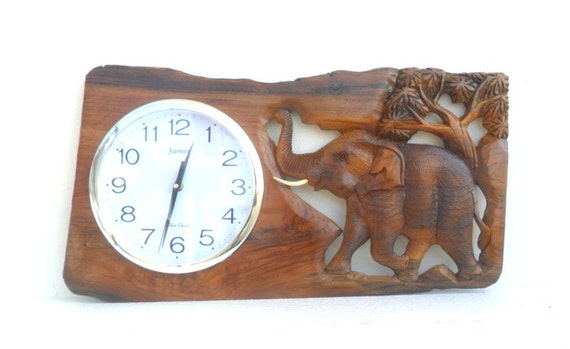 Wood Carving Elephant Clock Natural Teak Wood Hand Carved Art