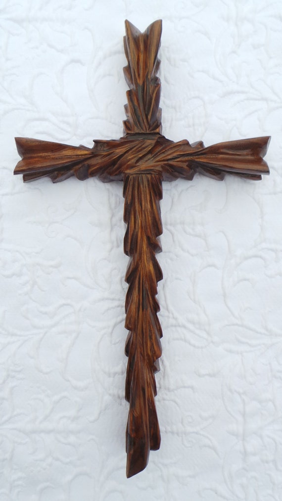 Large Rustic Aged Pine Hand Carved Wood Wall Cross. Wall Art