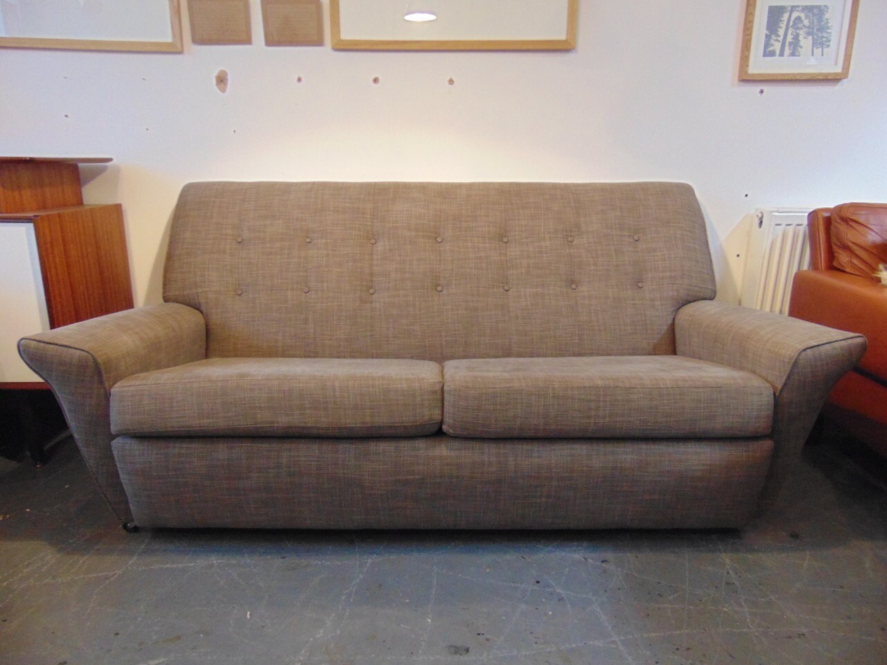 Vintage Mid Century 1950’s Button Upholstered, Grey Sofa. Recently ...