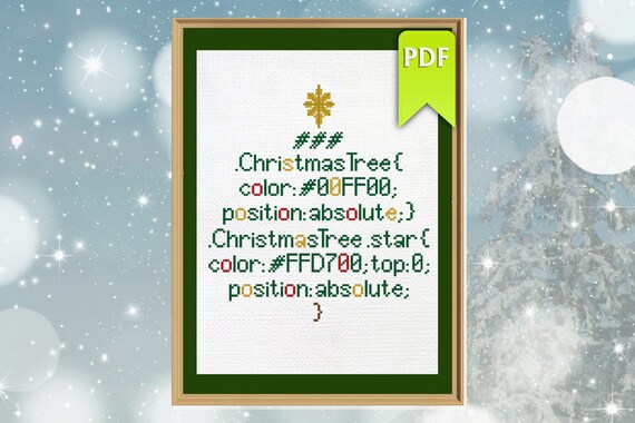 Christmas tree in CSS code cross stitch pattern. Instant
