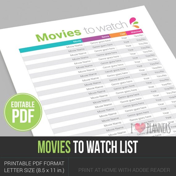 Movies to watch list Instant Download Editable by ILovePlanners