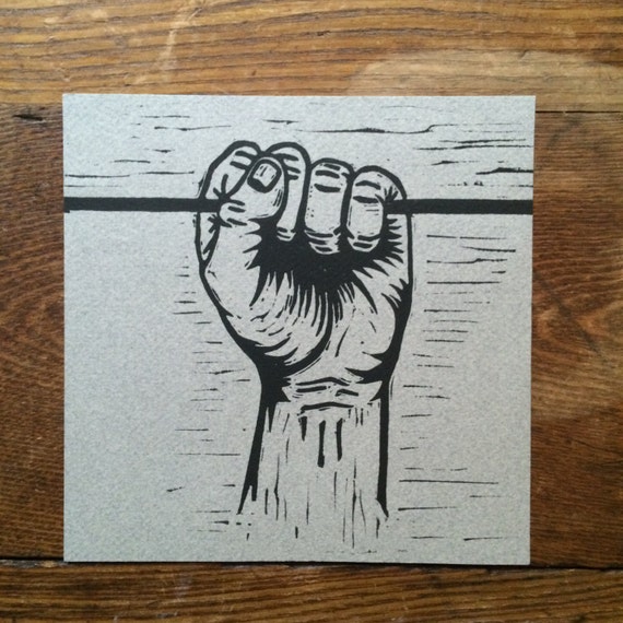 Scales of Justice Fist Original Linocut Print Hand