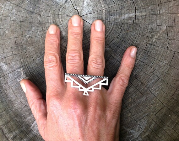 Maya knuckle duster ring geometric Aztec double ring boho