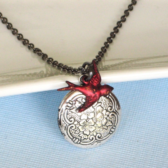 Red Bird Locket Necklace Silver Locket Small Locket