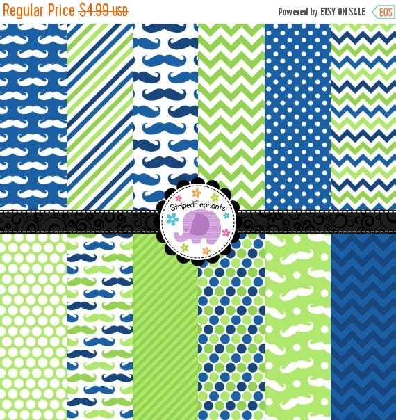 50% OFF SALE Mustache Digital Papers Navy and by StripedElephants