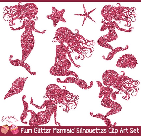 Pink Plum Glitters Mermaid Silhouettes Clipart Set