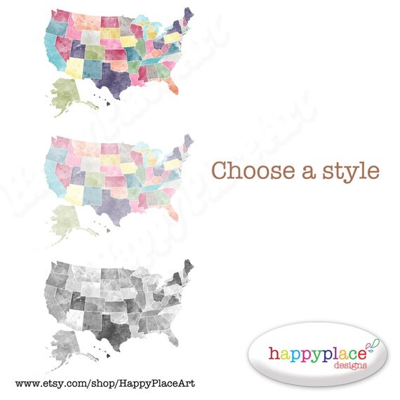 Large USA Map Heart Map. Bright Watercolor Style. Custom