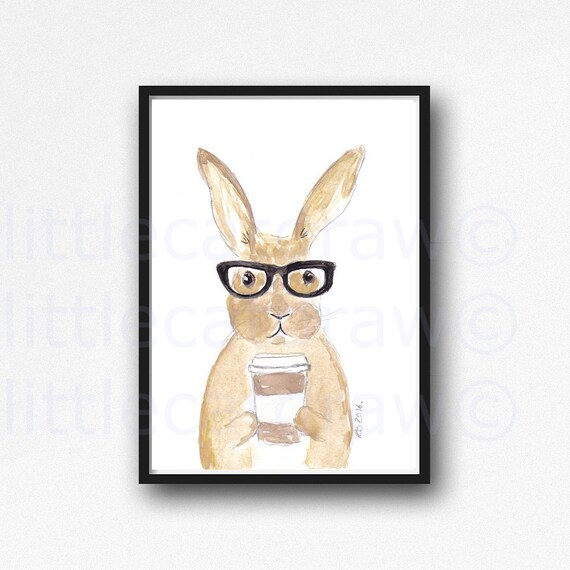 Rabbit Print Geek Bunny Rabbit Wearing Glasses Drinking Coffee
