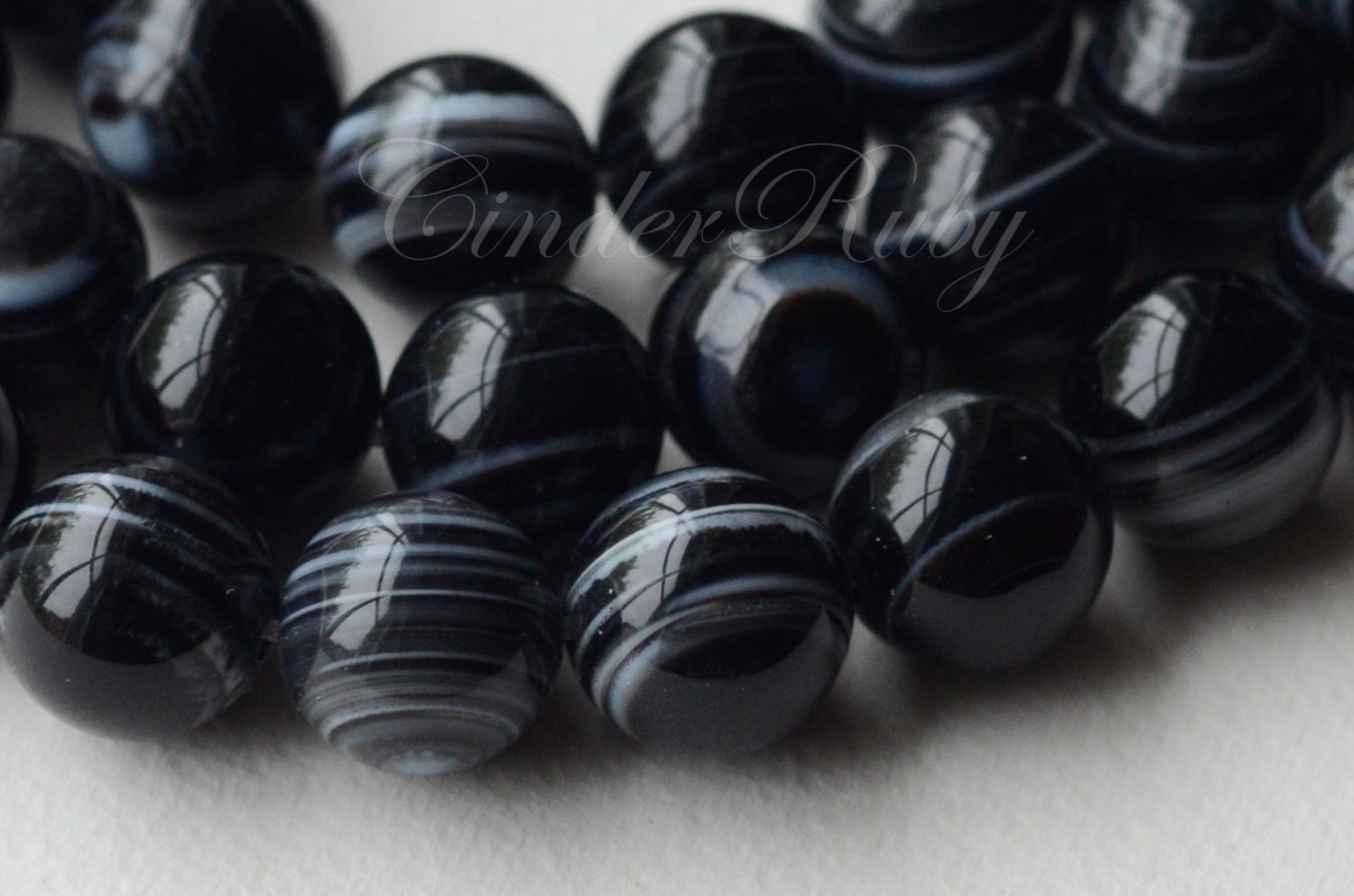 Banded Black Agate Round Beads, 12 mm Striped Black Onyx Beads, Black ...
