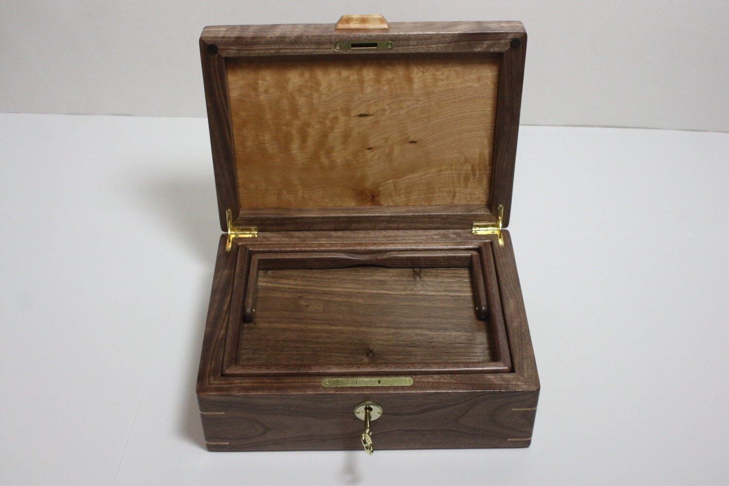 Handmade Black Walnut Wood Box with Quilted Maple Lid. Locking