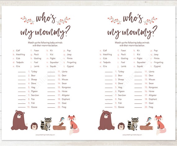 Woodland Baby Shower Game Who's My Mommy Who is My Mommy