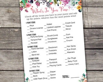 Whats in Your Purse Game Printable Wedding Shower Game